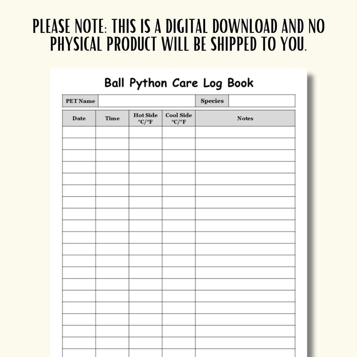 Ball Python Care Printable Planner Tracker, Reptile Care and Feeding ...