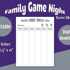 Game Night Score Sheets, Printable Family Game Night Score Sheet, Blank ...