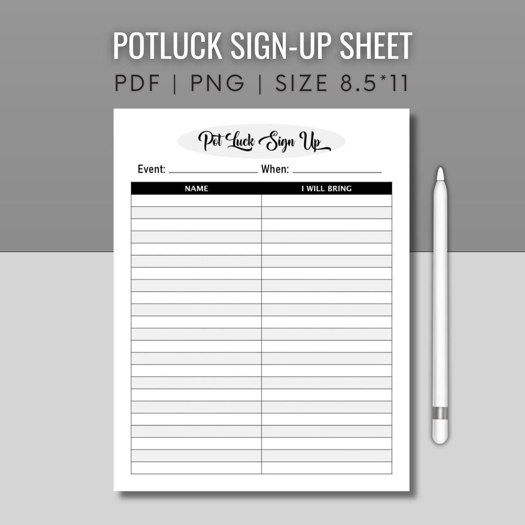 Potluck Sign-up Sheet Template, Minimalist Printable Potluck Sign-up ...