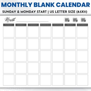 Monthly Blank Calendar Printable - Monday & Sunday Starts - Calendar ...