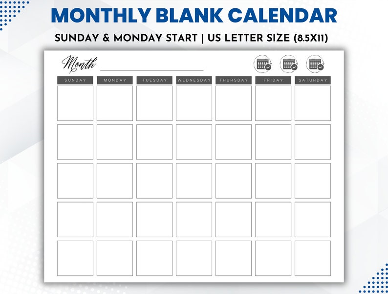 Monthly Blank Calendar Printable - Monday & Sunday Starts - Calendar ...
