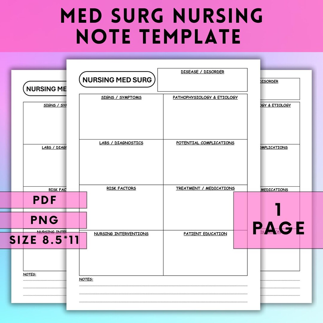 Med Surg Nursing Notes Template: Student Nurse Study Guide (PDF, PNG ...