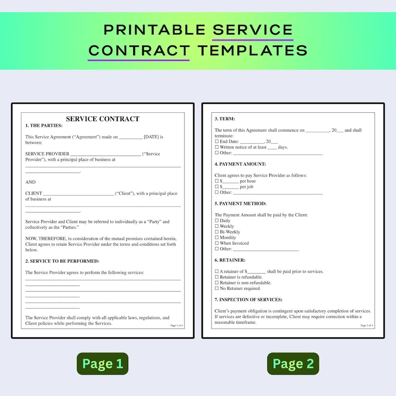 Printable Service Contract Template, Business Service Agreement Form ...