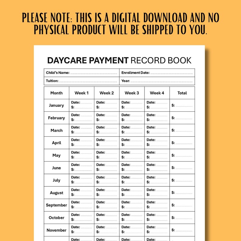 Daycare Payment Record Sheet : Weekly, Monthly Tracker (PDF, PNG) - Etsy