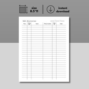 Restaurant Table Reservation Template: Minimalist Tracker (PDF, PNG) - Etsy