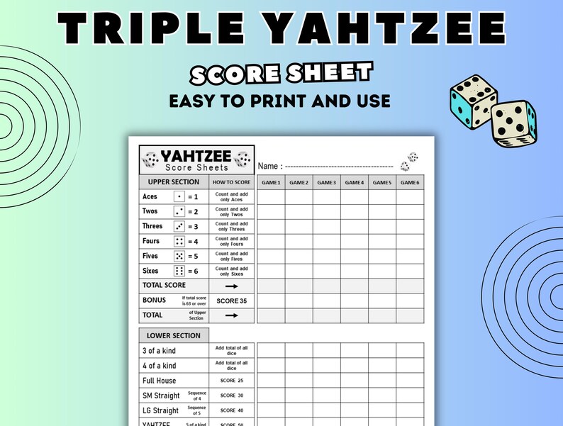 Triple Yahtzee Score Sheets, Yahtzee Score Card, Yahtzee Score Pad ...