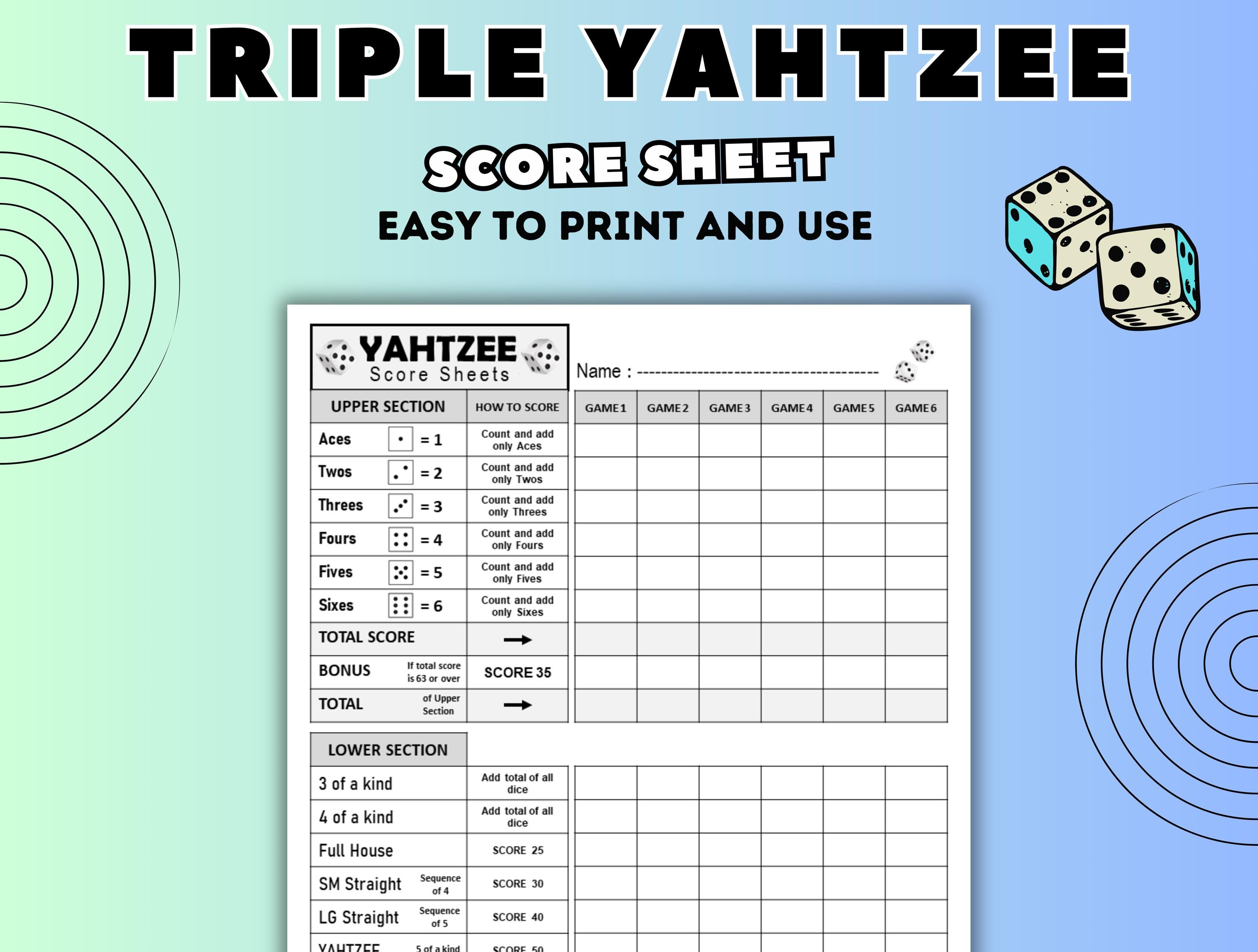 Triple Yahtzee Score Sheets, Yahtzee Score Card, Yahtzee Score Pad ...