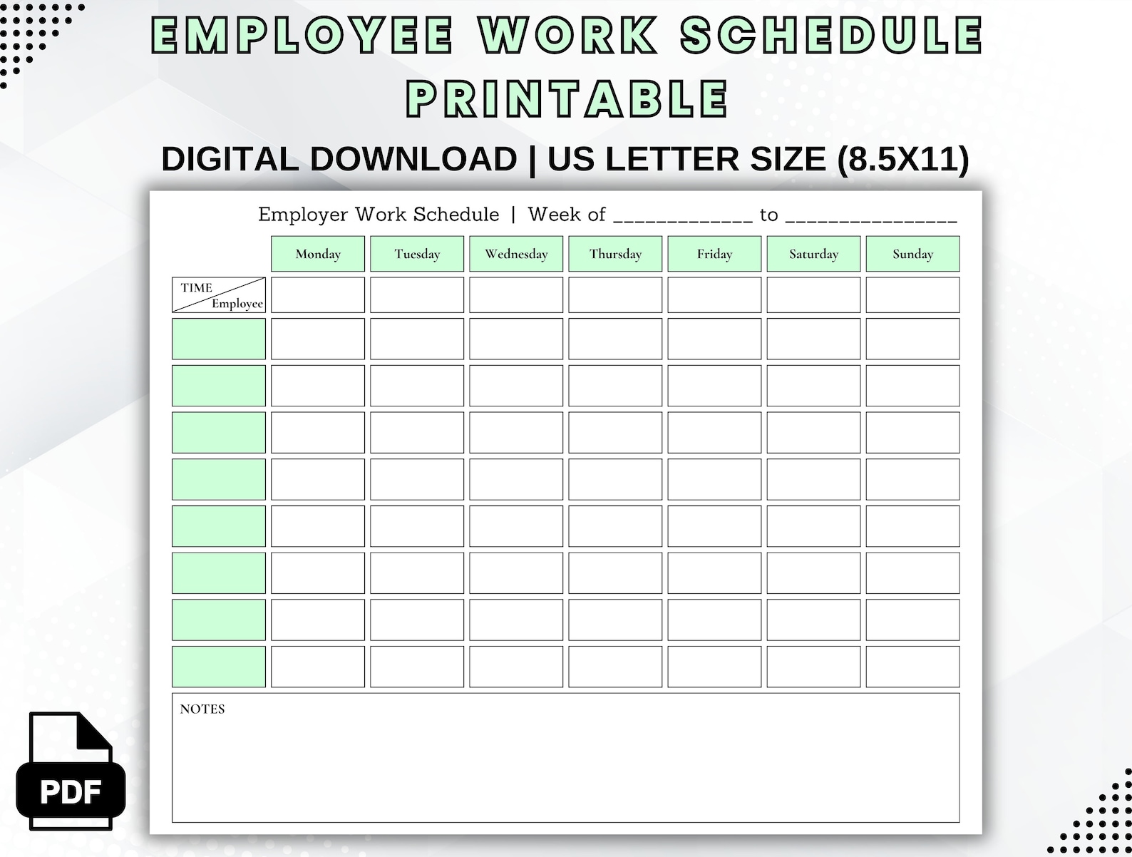 Employee Work Schedule Printable: Weekly Staff Shift Template (PDF, PNG ...