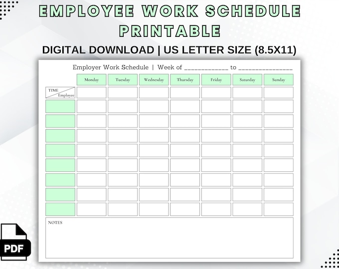 Weekly Work Schedule Printable | Staff Shift Planner | Employee Roster ...