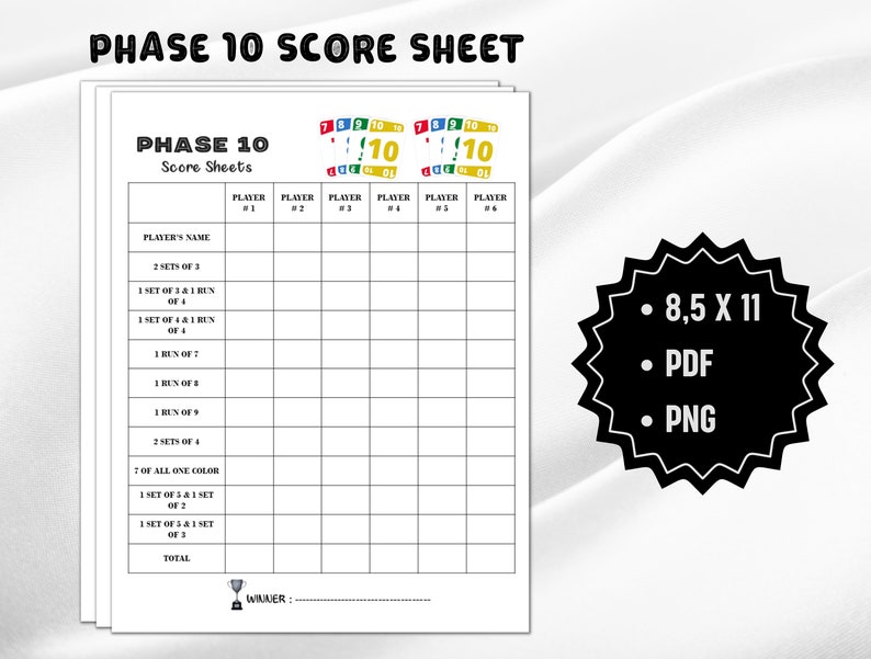 Phase 10 Score Sheet, Phase 10 Dice Game Record Keeper Sheet, Digital ...