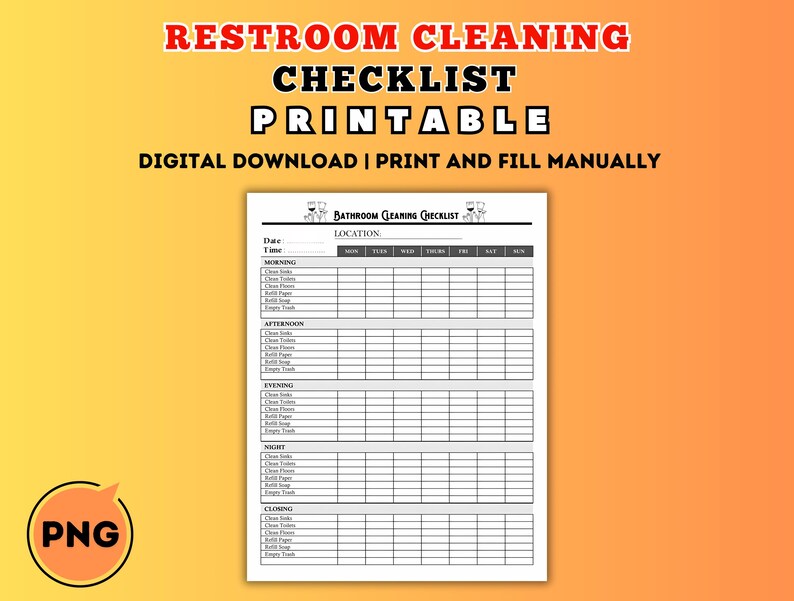 Restroom Cleaning Checklist Printable, Bathroom Checklist for Home ...