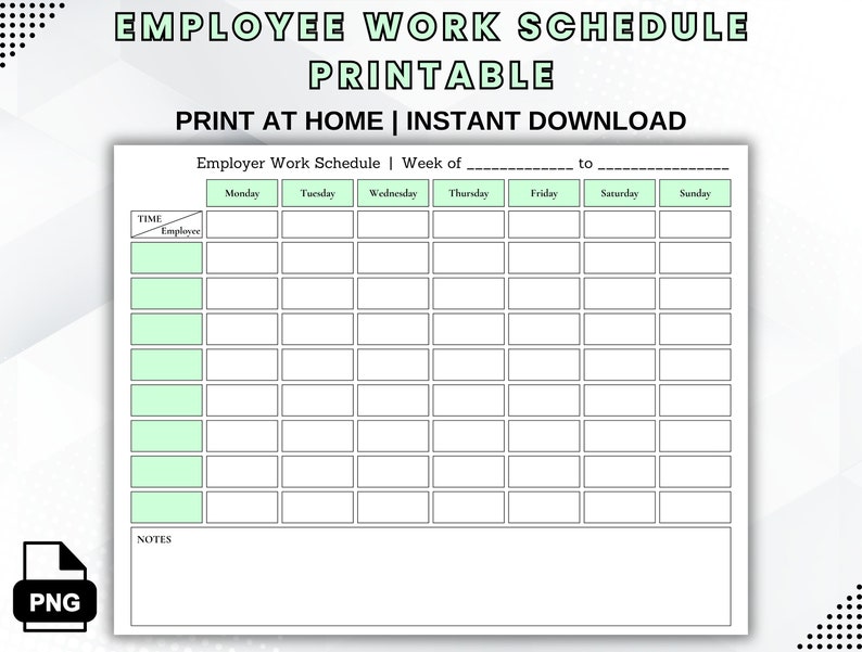 Employee Work Schedule Printable: Weekly Staff Shift Template (PDF, PNG ...