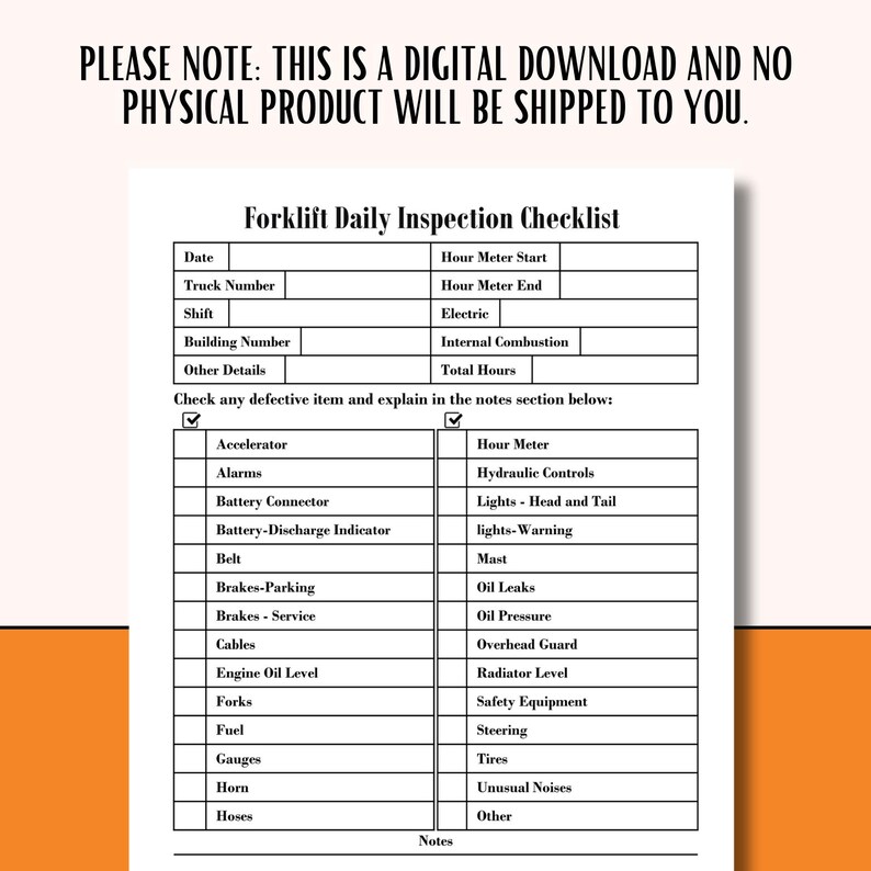 Forklift Daily Inspection Checklist Template (PDF, PNG, PPT) - Etsy