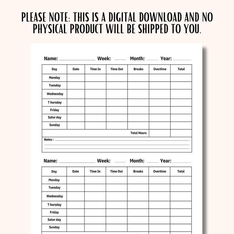 Weekly Time Sheet Log Template: Employee Work Tracker (PDF & PNG) - Etsy
