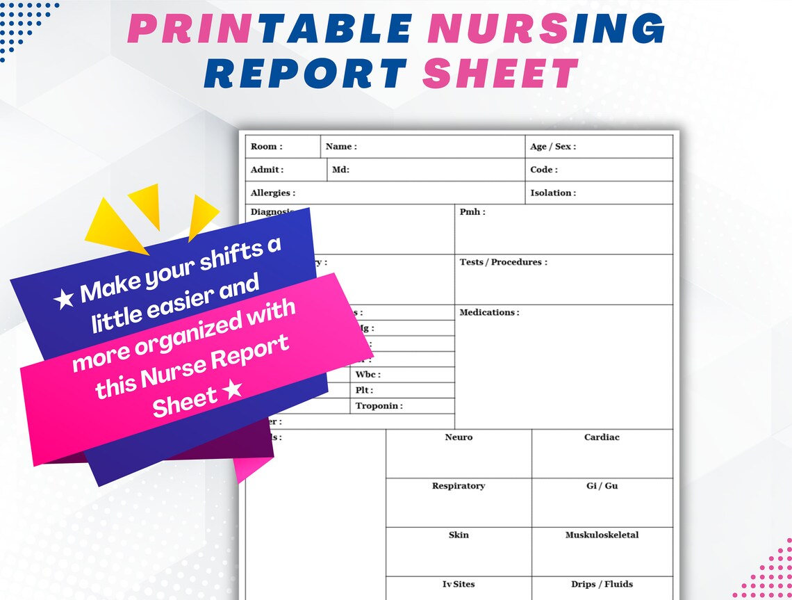Printable Nursing Report Sheet, Nursing Study Guide, Registered Nurse ...