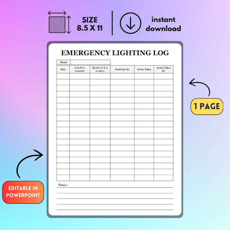 Emergency Lighting Log, Inspection & Maintenance Record Sheet, Safety ...
