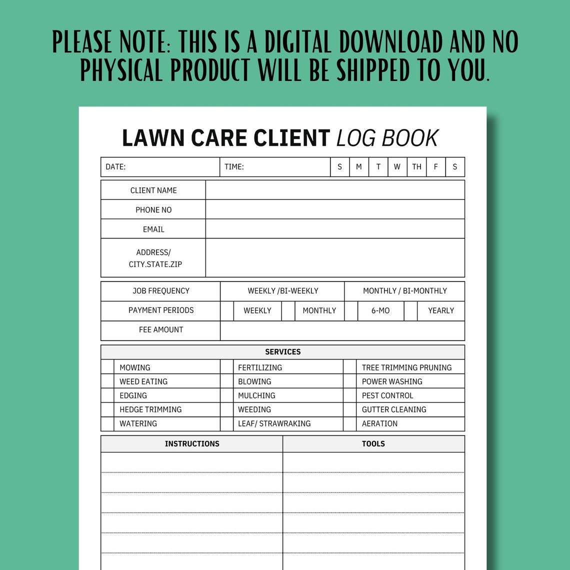 Lawn Care Client Log Template, Simple Lawn Mowing and Landscape ...