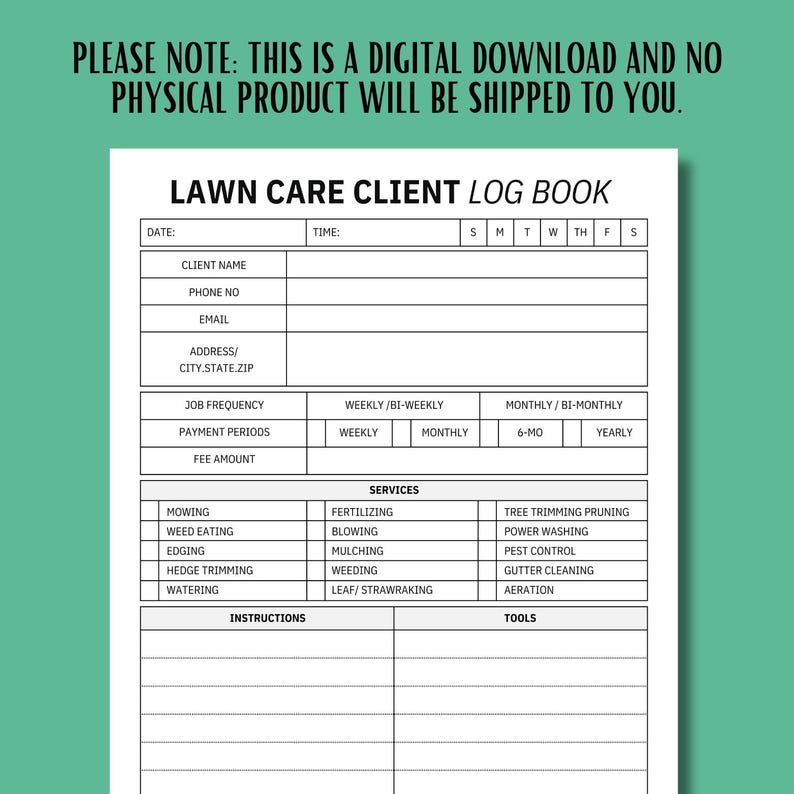 Lawn Care Client Log Template, Simple Lawn Mowing and Landscape ...