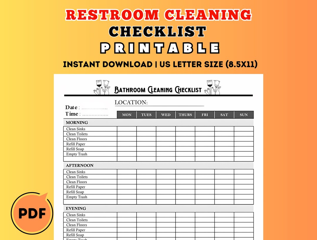 Restroom Cleaning Checklist Printable, Bathroom Checklist for Home ...