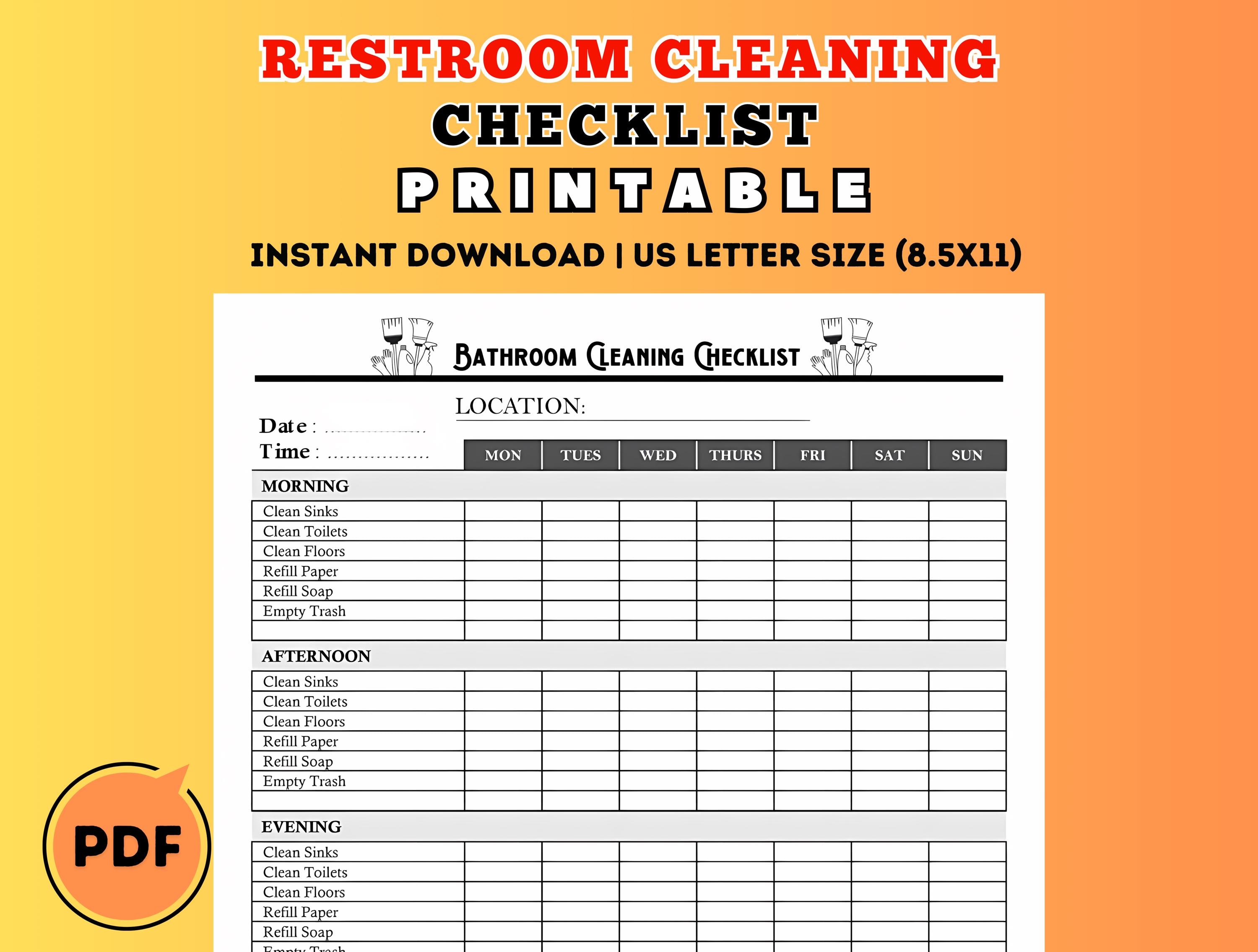 Restroom Cleaning Checklist Printable, Bathroom Checklist for Home ...