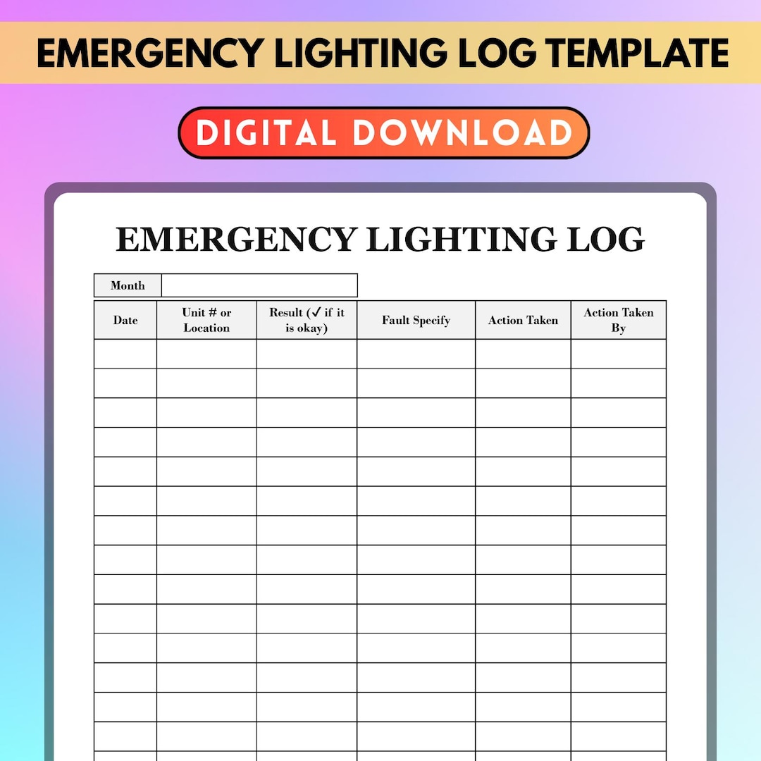 Emergency Lighting Log, Inspection & Maintenance Record Sheet, Safety ...