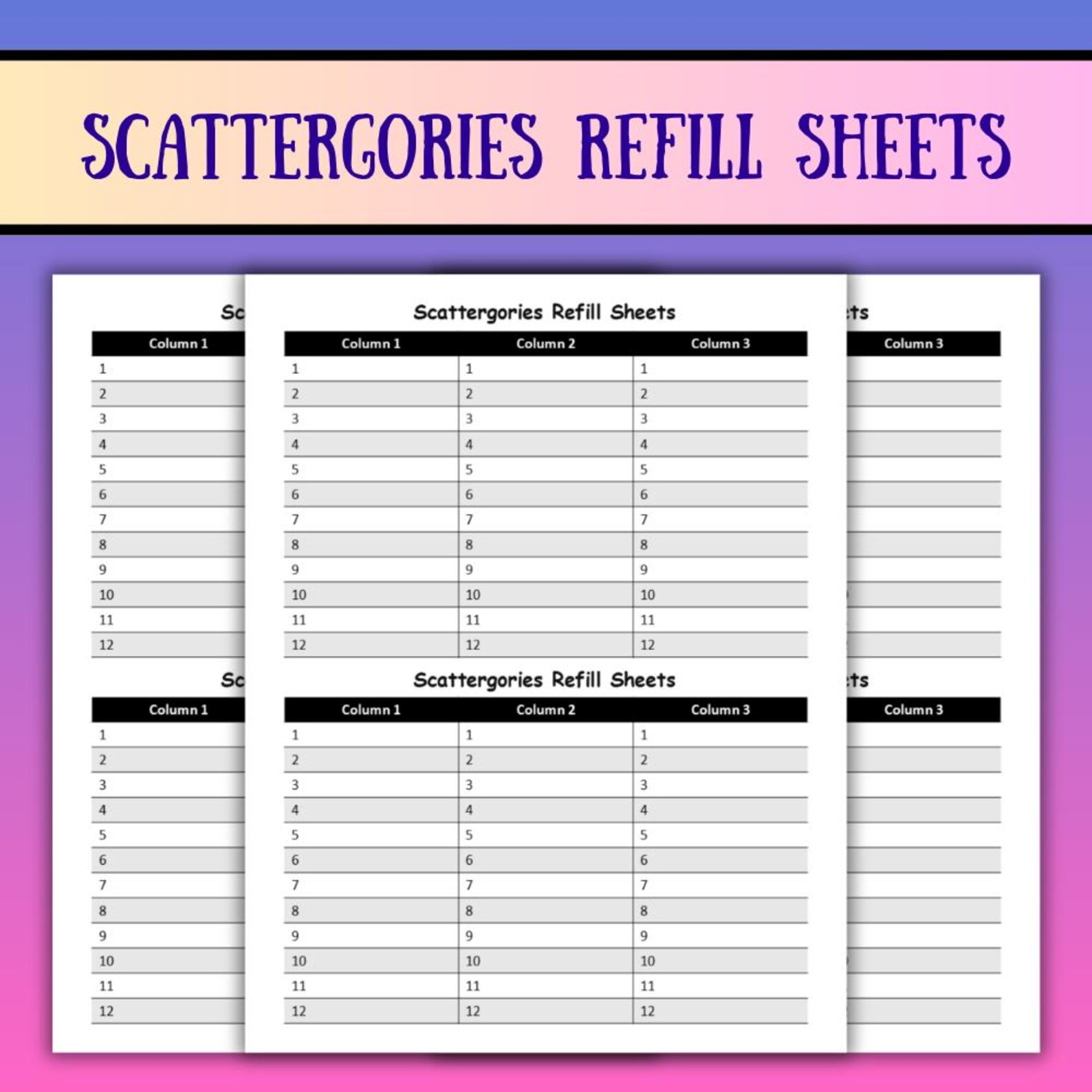 Scattergories Refill Sheets, Score Sheets, Refill Sheets, Scattergories ...