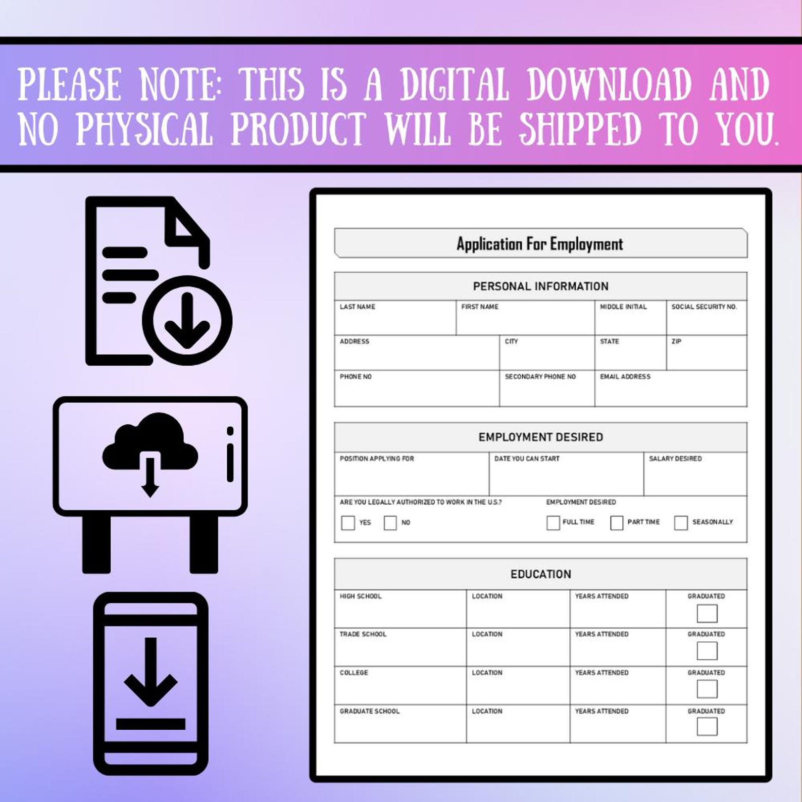 Job Application Form: Small Business Employee Printable (PDF & PPTX) - Etsy