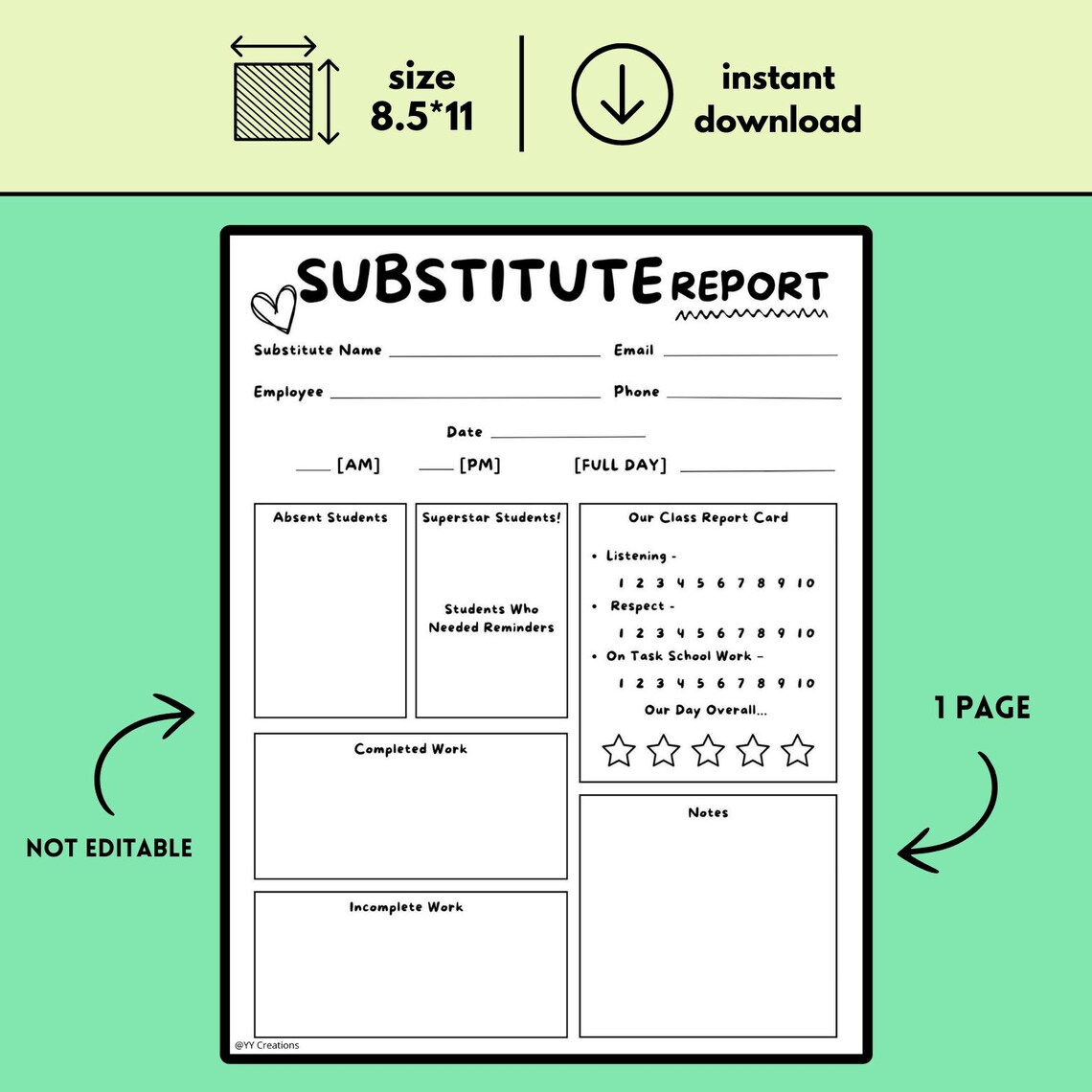 Substitute Teacher Report Template: Printable Note (PDF & PNG) - Etsy
