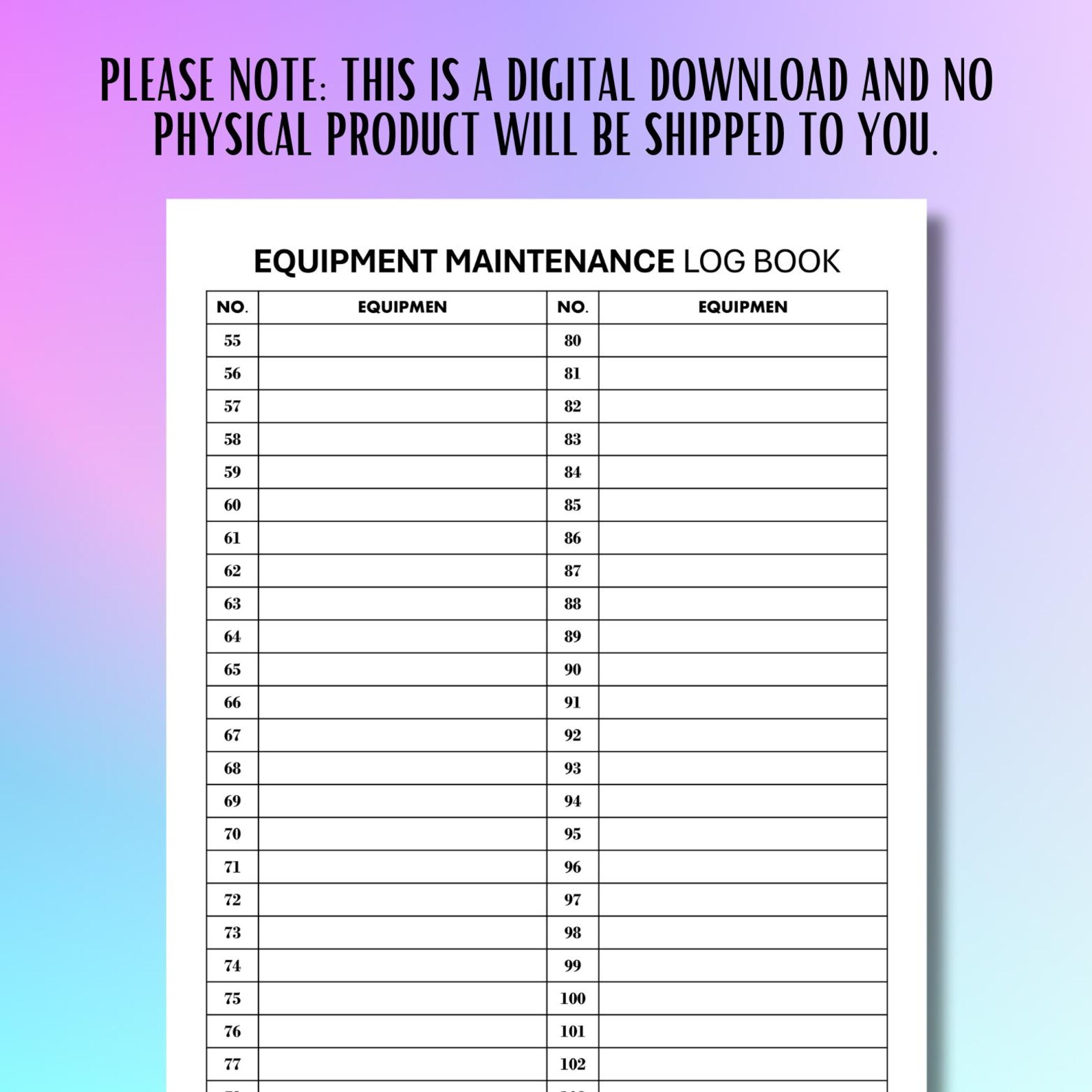 Equipment Maintenance Log Template: Repair & Service Record (PDF, PNG ...