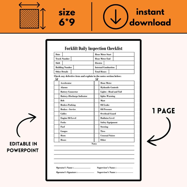 Forklift Daily Inspection Checklist Template (PDF, PNG, PPT) - Etsy