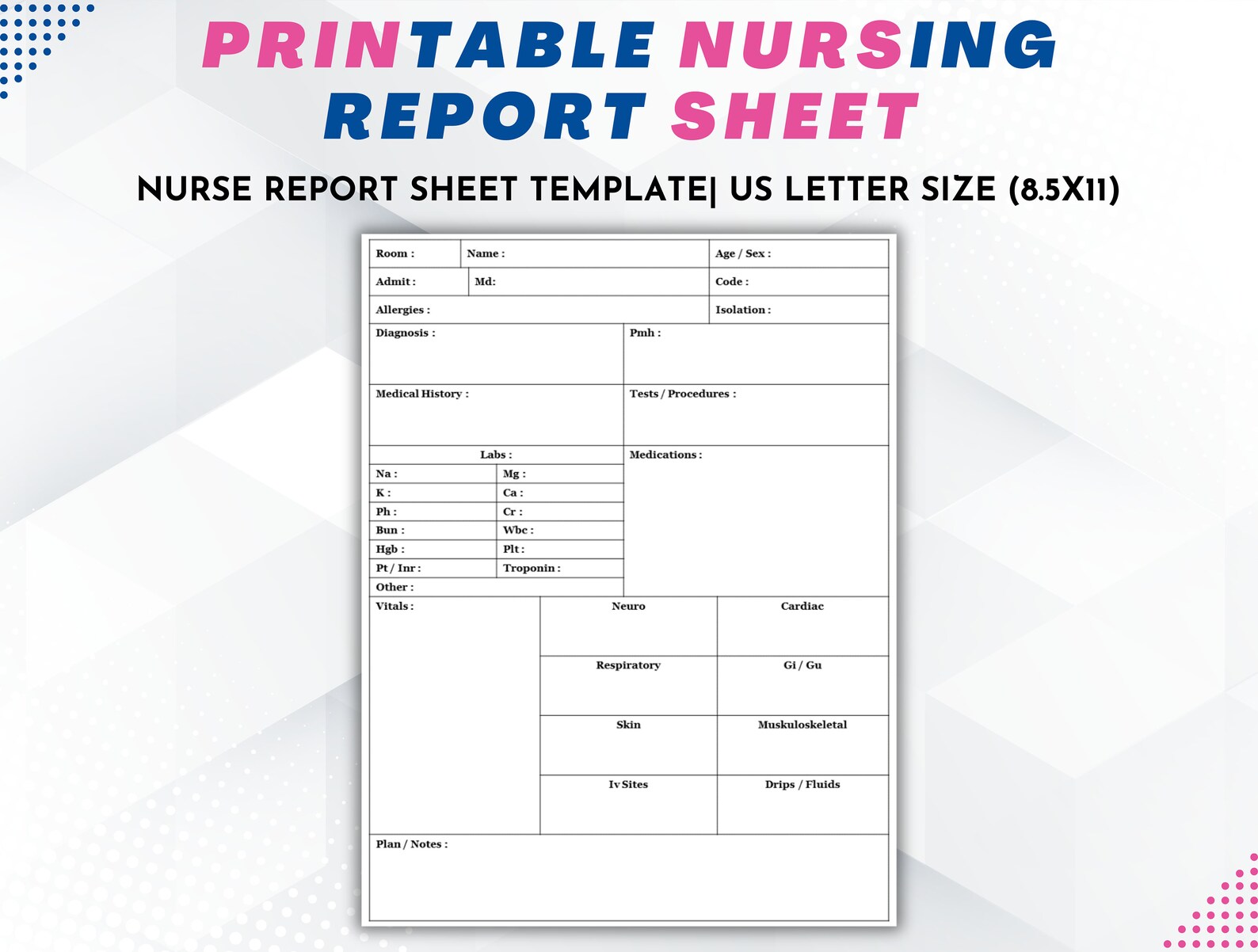 Printable Nursing Report Sheet, Nursing Study Guide, Registered Nurse ...