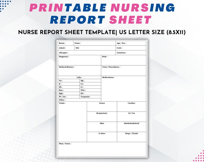 Printable Nursing Report Sheet, Nursing Study Guide, Registered Nurse ...