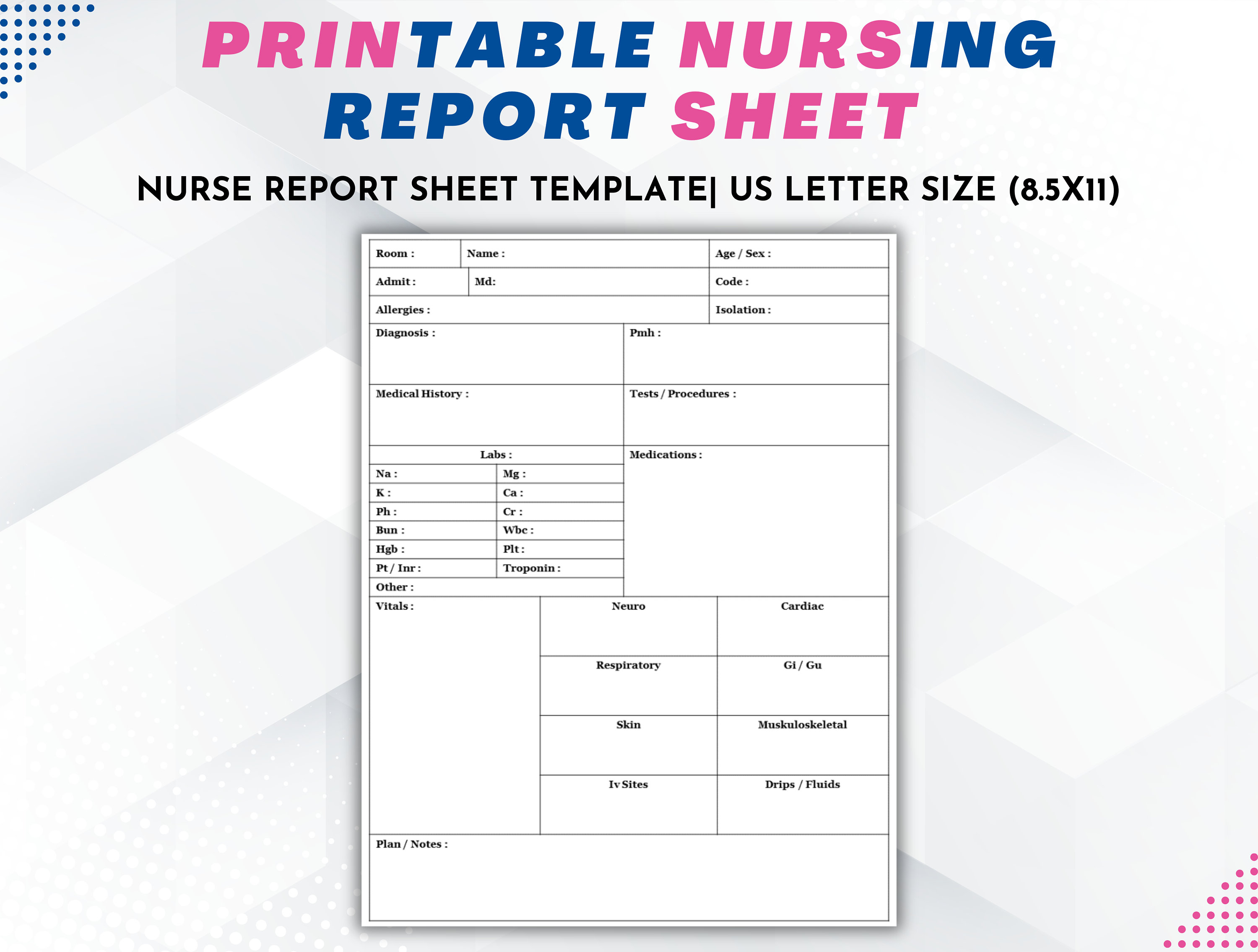 Printable Nursing Report Sheet, Nursing Study Guide, Registered Nurse ...