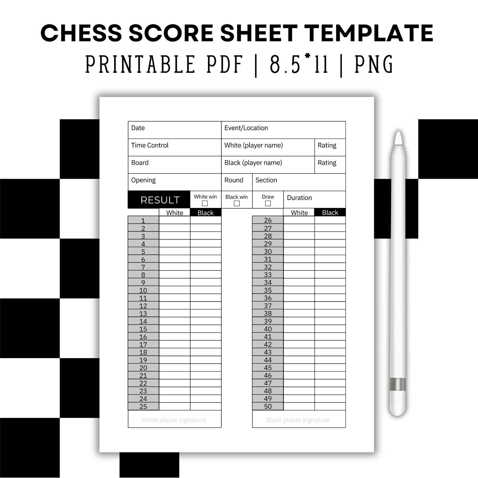 Chess Score Sheet Template, Printable Replacement Score Card for Chess ...