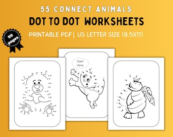 55 Connect the Dots Animals Worksheets: Kids Learning Activity (PDF) - Etsy