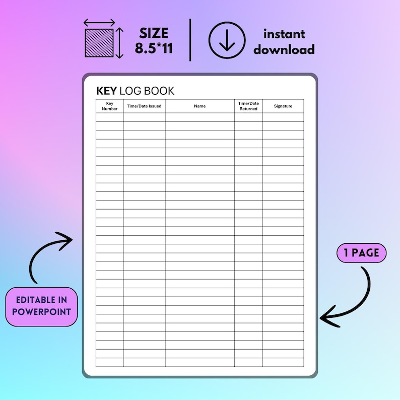 Key Log Template, Key Sign Out Sheet Printable, Visitor Sign in Out Form, Event Sign in Sheet ...