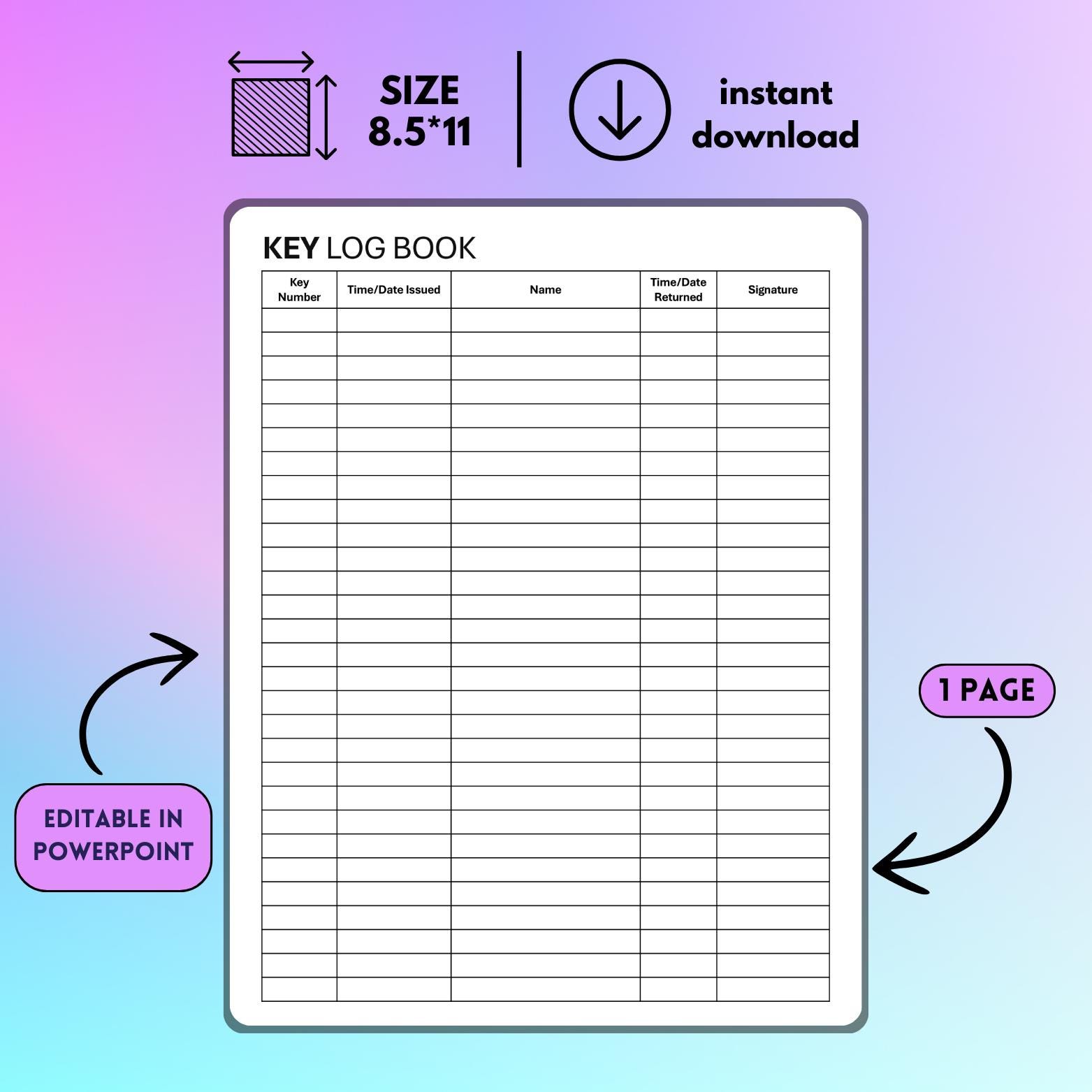Key Log Template, Key Sign Out Sheet Printable, Visitor Sign in Out Form, Event Sign in Sheet ...