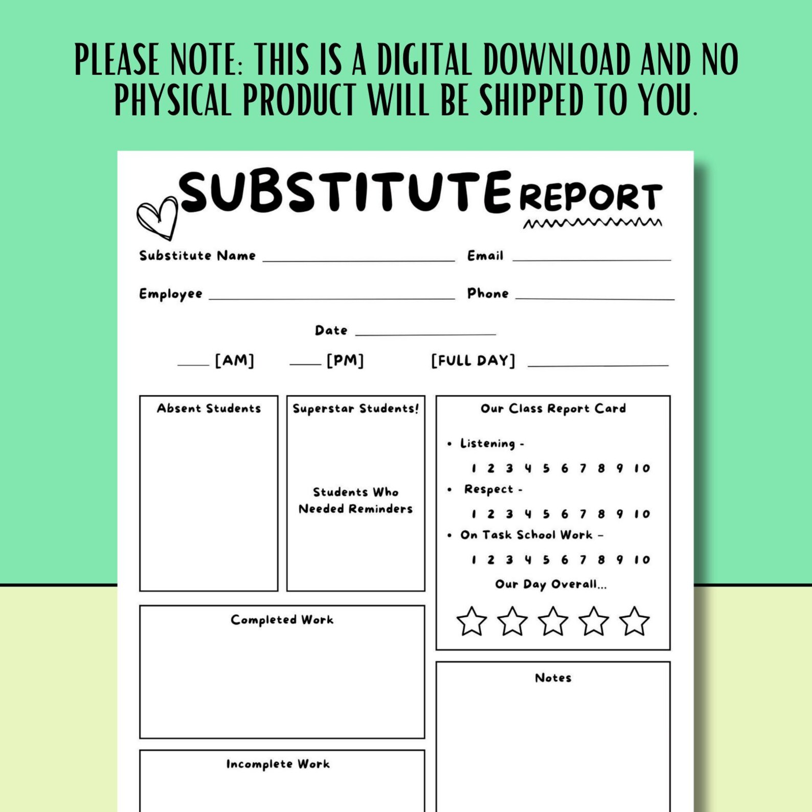 Substitute Teacher Report Template: Printable Note (PDF & PNG) - Etsy