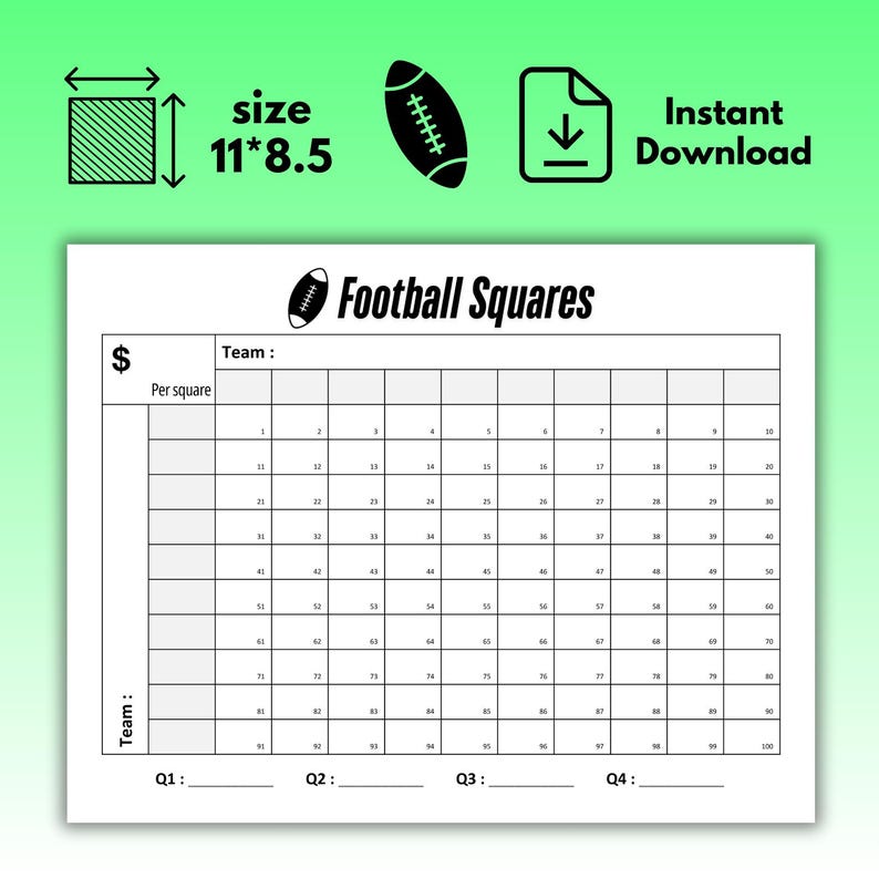 Football Squares Printable: 100 Square Grid (PDF & PNG) - Etsy