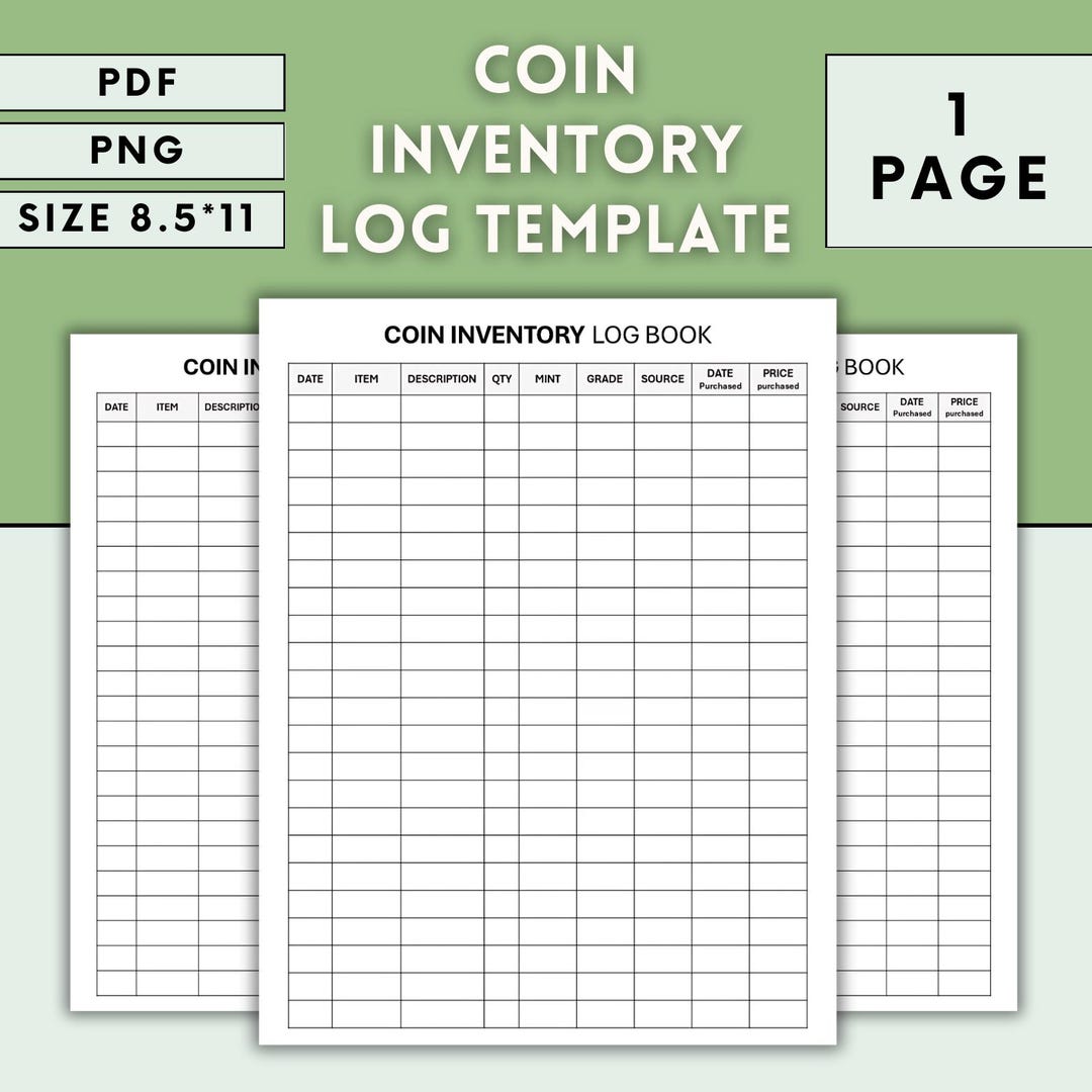 Coin Collection Inventory Log Template PDF & PNG, Coin Tracker for ...