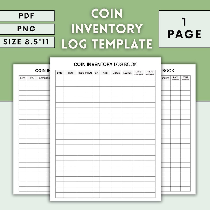 Coin Collection Inventory Log Template PDF & PNG, Coin Tracker for ...