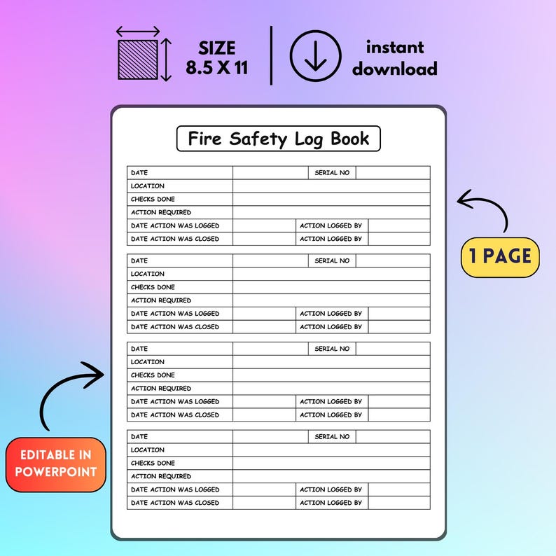 Fire Safety Log Template, Emergency Evacuation Log Template, Safety Drill Record, Emergency ...