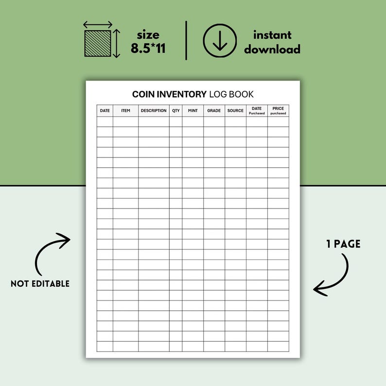 Coin Collection Inventory Log Template PDF & PNG, Coin Tracker for ...