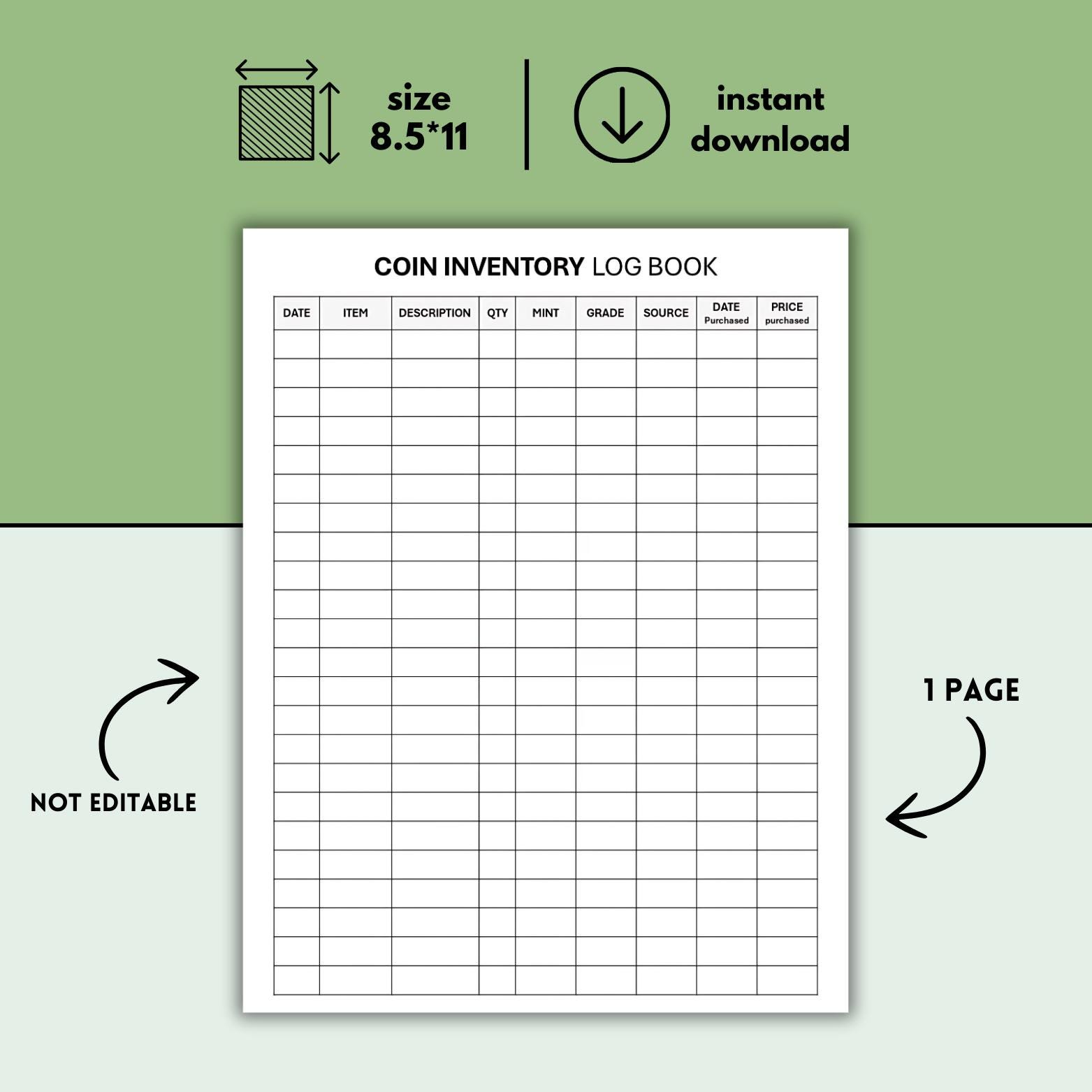 Coin Collection Inventory Log Template PDF & PNG, Coin Tracker for ...