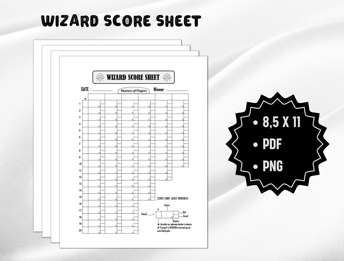 Wizard Card Game Score Sheet: Printable Score Pad (PDF & PNG) - Etsy