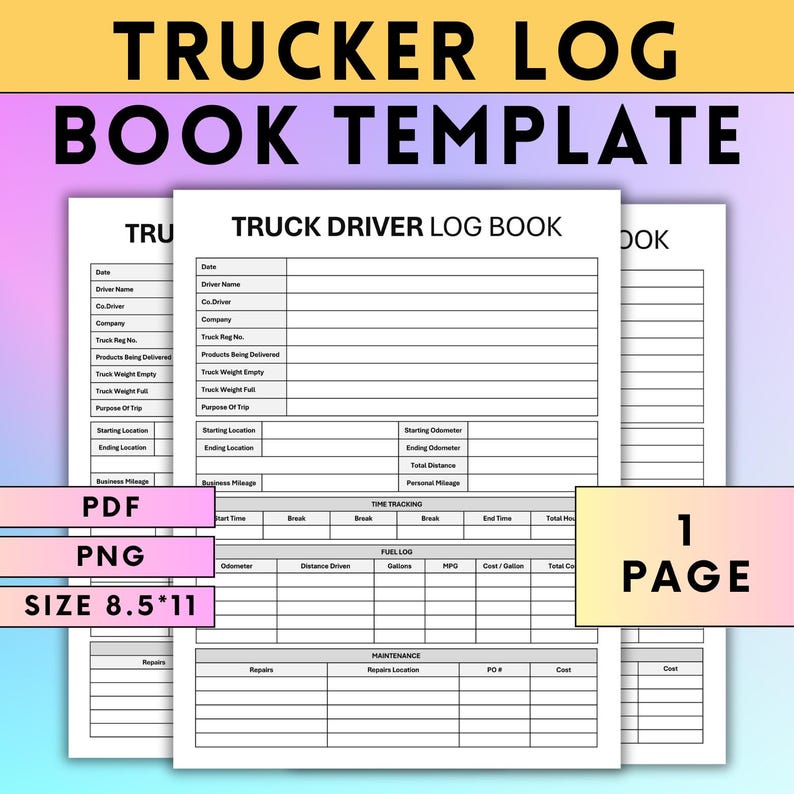 Trucker Log Book Template, Truck Driver Daily Trip Sheet Template, USA ...