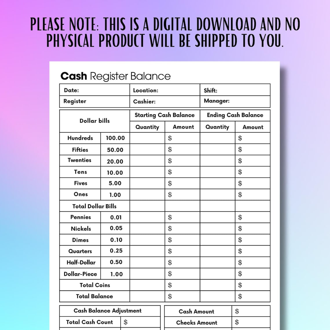 Cash Register Balance Sheet Printable, Daily Cash Log, Cash Drawer ...