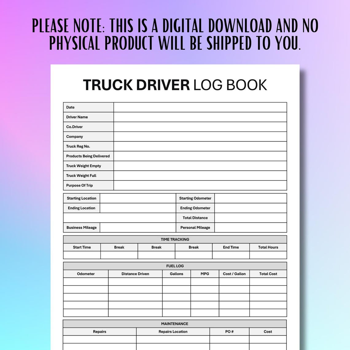 Truck Maintenance Tracker | Editable Driver Log Sheet | Daily Trip ...