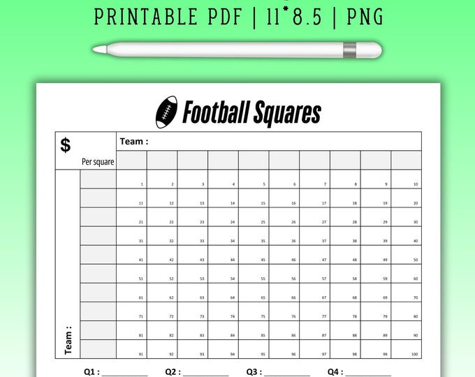 Football Squares Printable | 100 Square Grid Game | Super Bowl Office ...