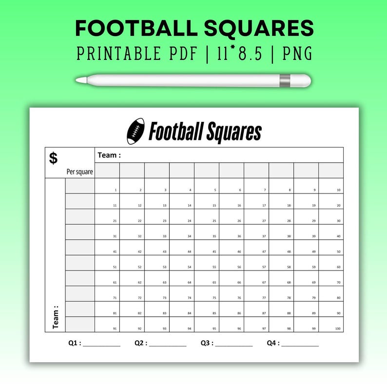 Football Squares Printable | 100 Square Grid Game | Super Bowl Office ...